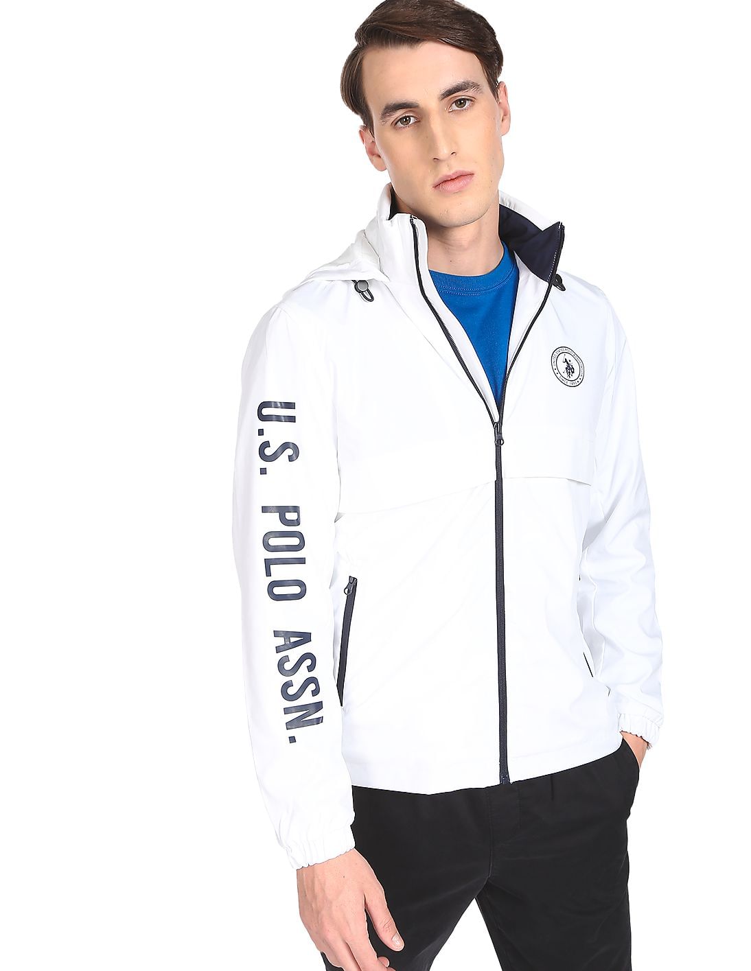 Buy U.S. Polo Assn. Men White Placement Brand Print Hooded Polyester ...