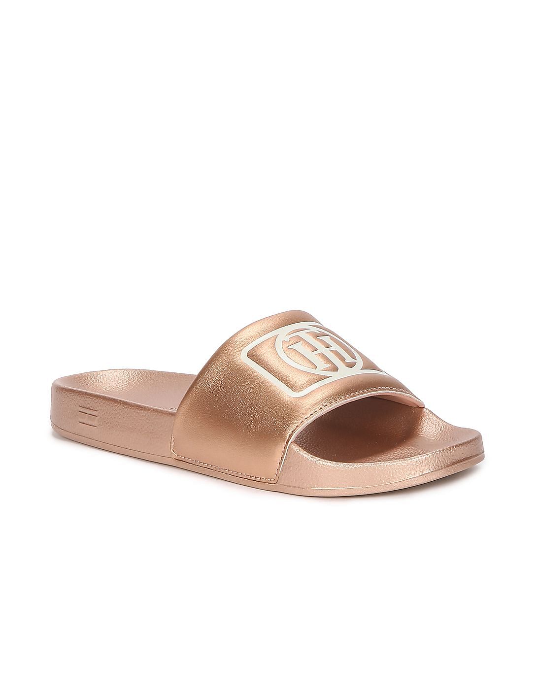 Buy Tommy Hilfiger Women Rose Gold Debossed Logo Metallic Pool Slides NNNOW